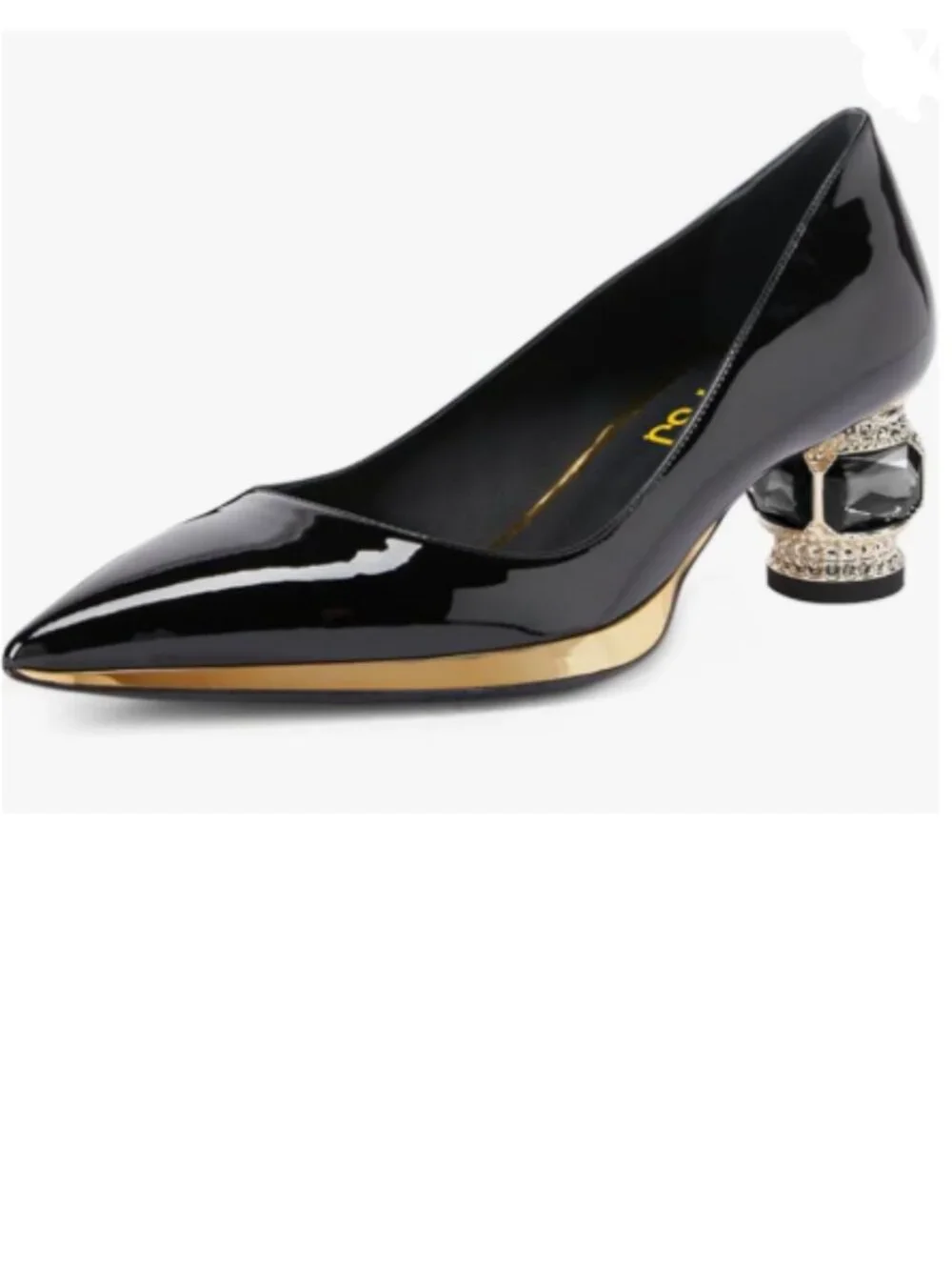 FSJ | Shoes | Fsj Blackgold Trim Bridal Pointed Toe Block Low Heel ...